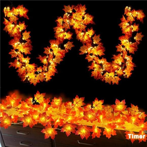 Accents | 2 Pack Fall Garland Total 2ft 40 Led Thick Maple Leaf Battery ...